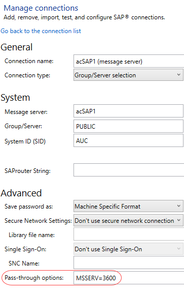 How can I connect to an SAP® message server?