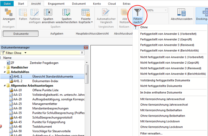 Filtern von Dokumenten im Dokumentenmanager