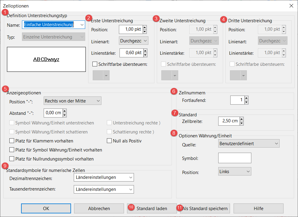 Zelloptionen - Menü Format